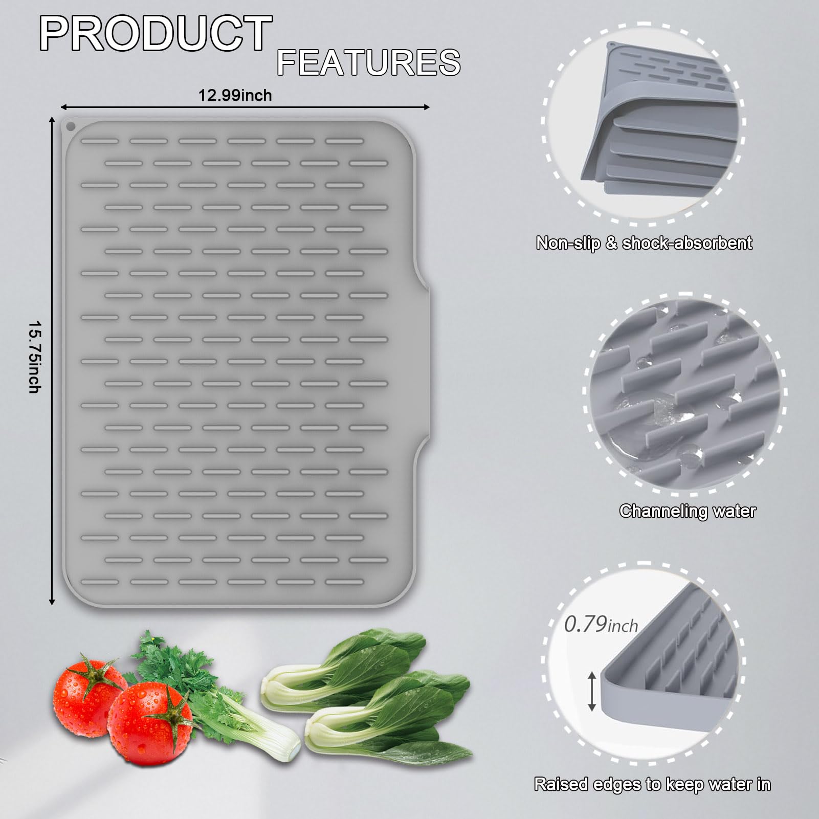Silicone Dish Drying Mat Pad with Non-slip Back, Built-in Drain, Easy ...