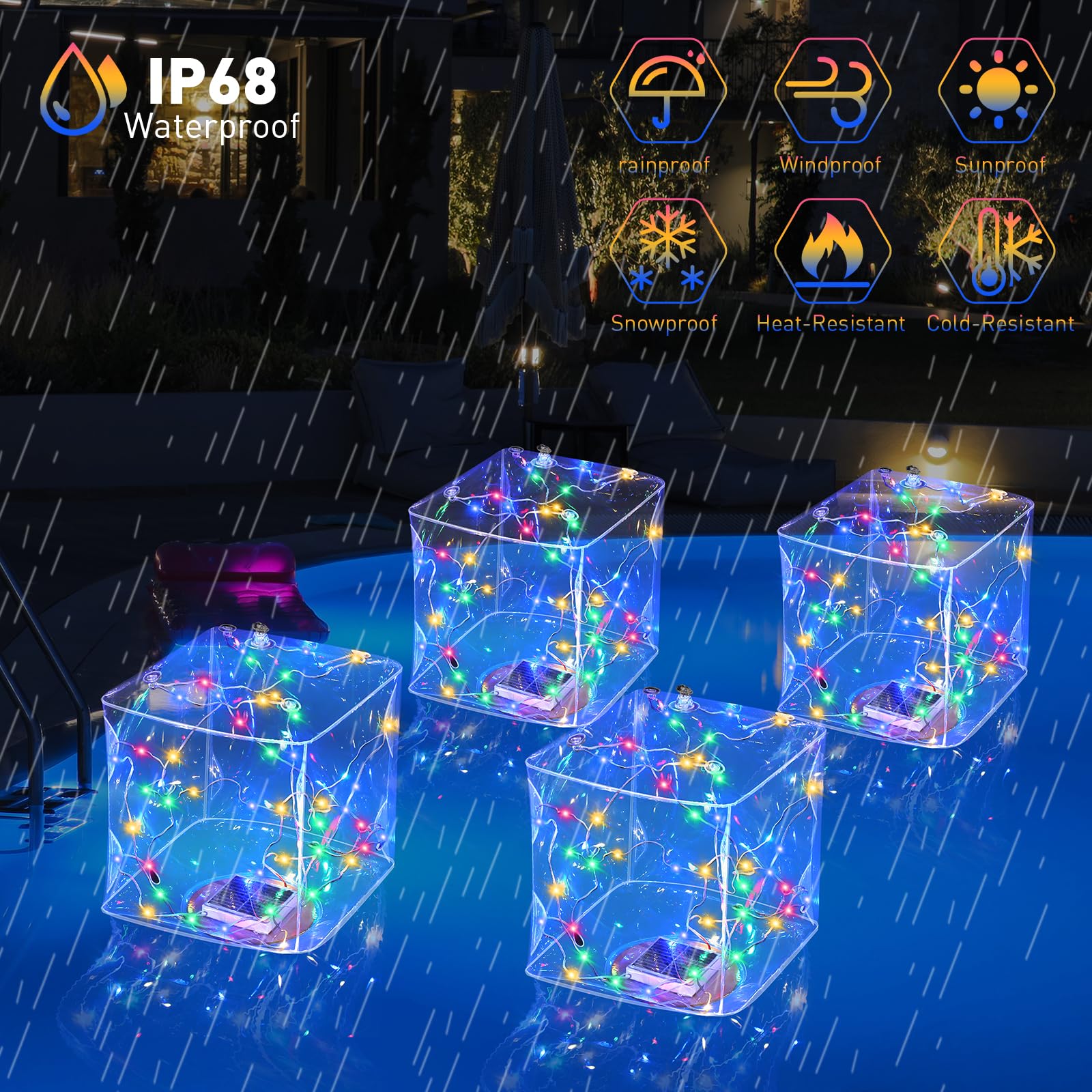 4 Pcs Solar Floating Inflatable Square LED Pool Lights, IP68 Waterproof ...